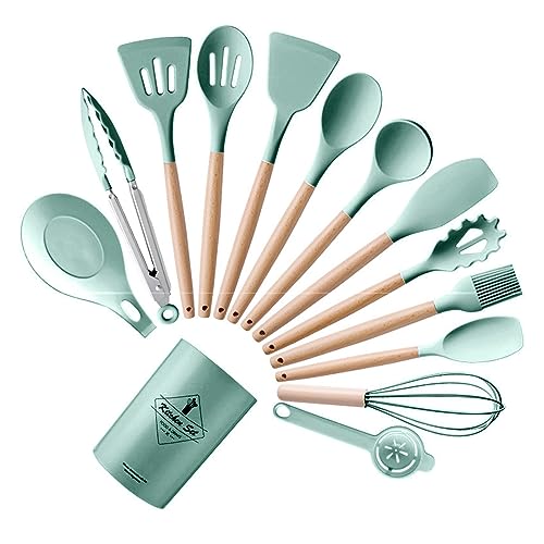 14 Pcs Silicone Kitchen Utensil Set Tongs Spoon Spatula Wood Handle Cooking Utensils Kitchen Gadget Tools Set Non Stick Heat Resistant Cooking Utensils