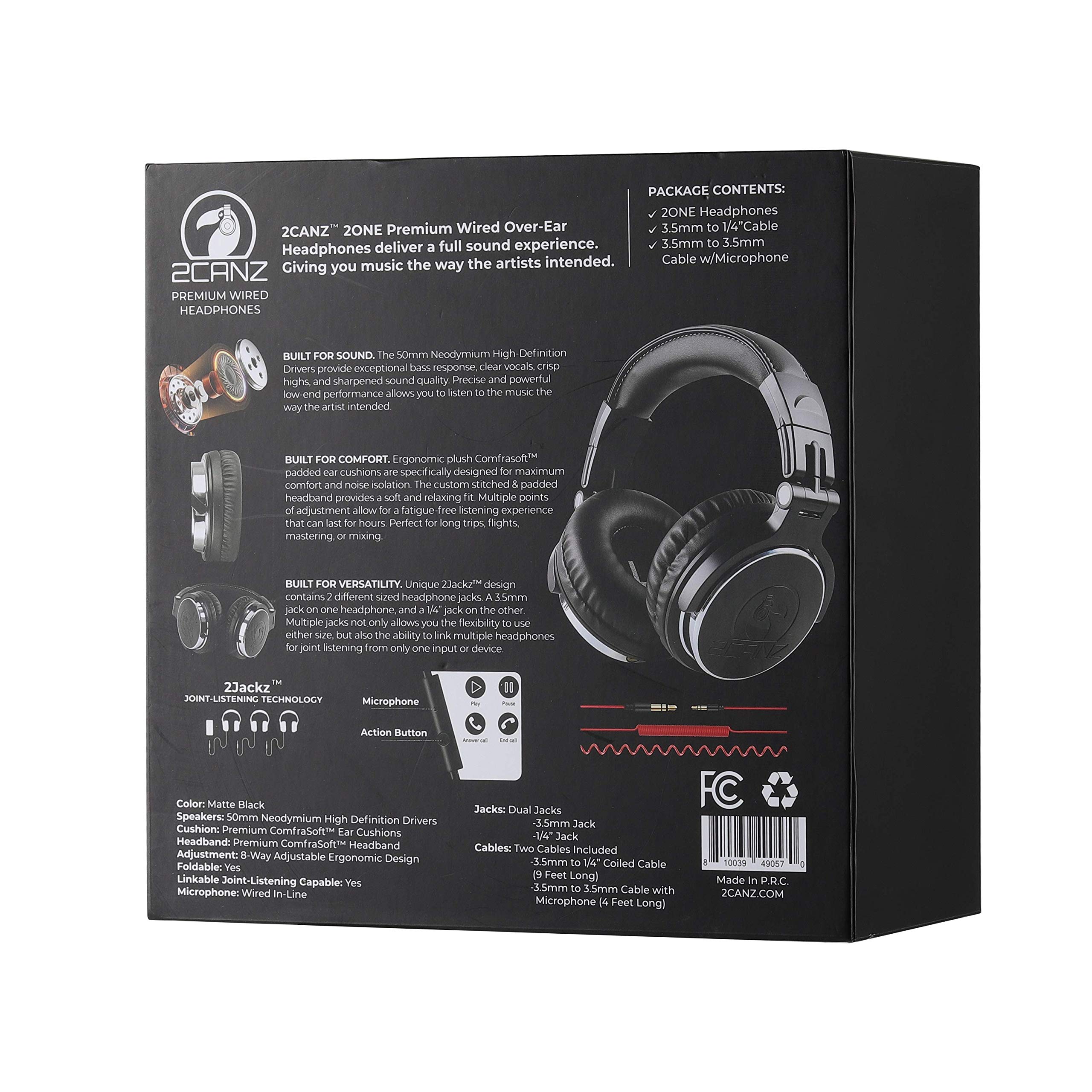 2CANZ Over-Ear Professional Wired DJ Headphones - 50mm Neodymium Drivers, Closed Back, Plush Comfrasoft Ear Cushions, 8-Way Adjustable Earpads, Foldable, and Joint Listening