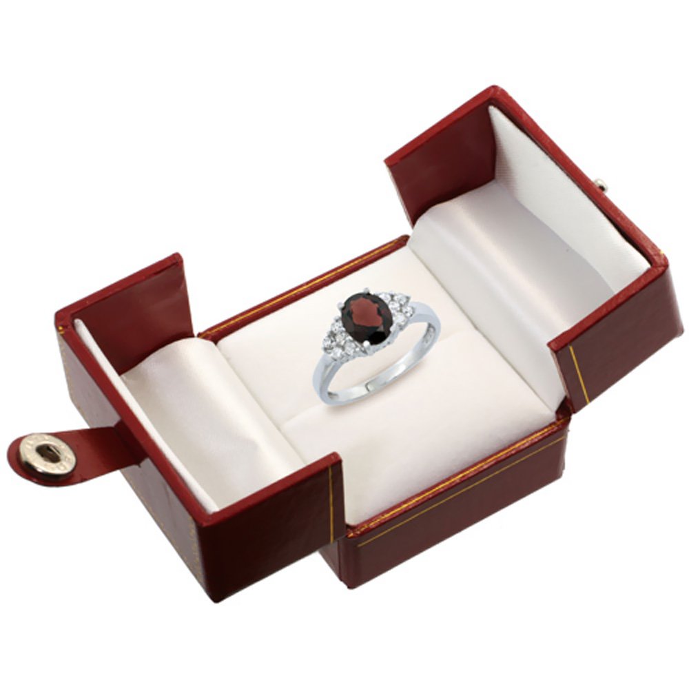 10K White Gold Natural Garnet Ring Oval 8x6mm Diamond Accent, size 10