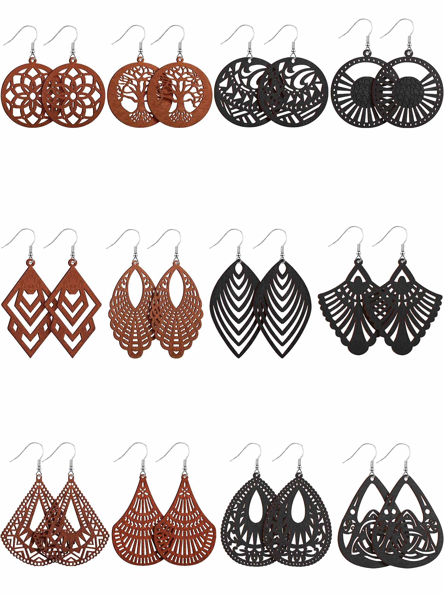 12 Pairs African Wooden Dangle Earrings Lightweight Drop Earrings Bohemian Pendant Dangle Earrings Jewelry Wooden Earrings (Black, Brown, Stylish Style)