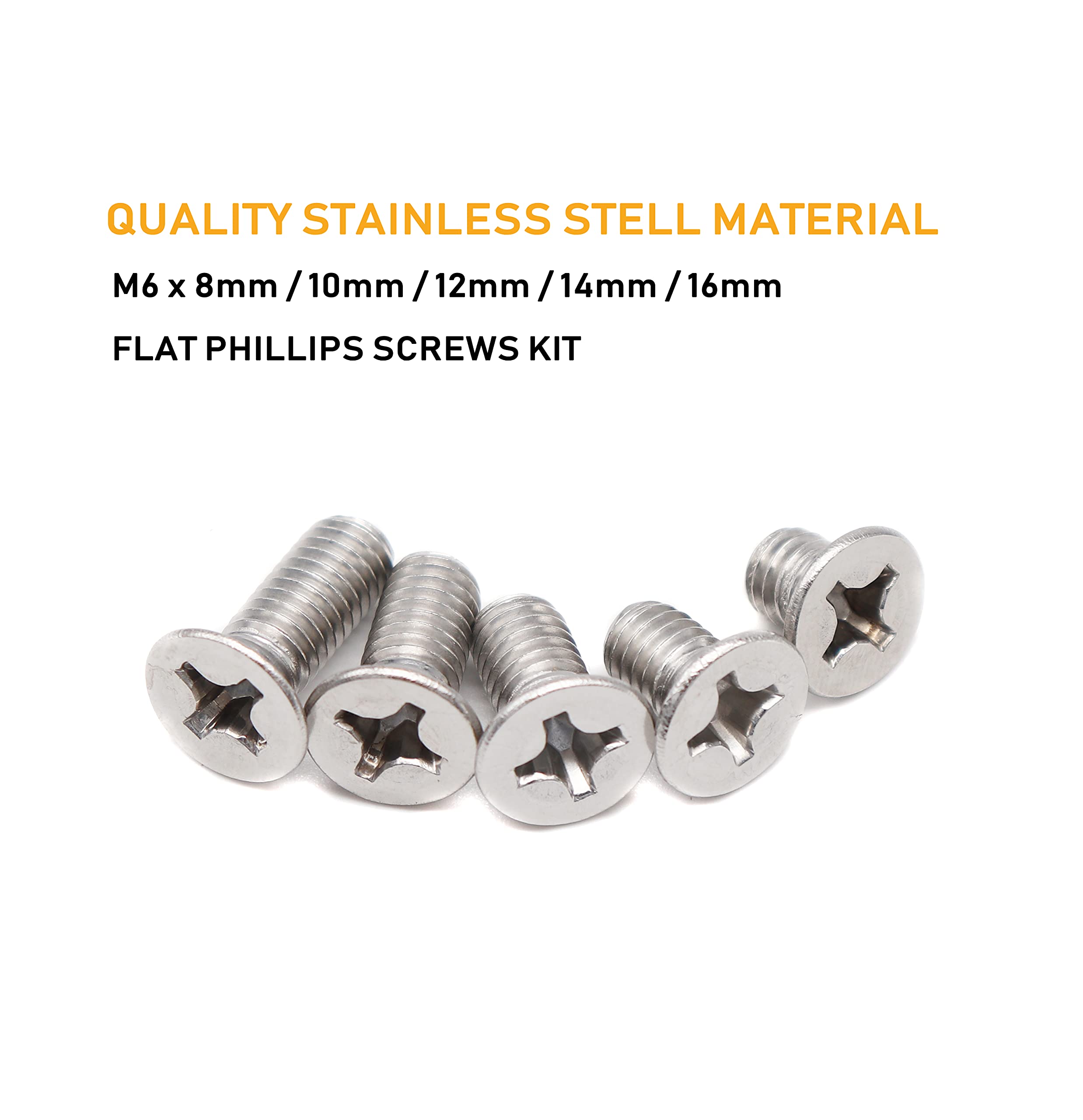 binifiMux 100pcs Flat Phillips Head M6 x 8mm/ 10mm/ 12mm/ 14mm/ 16mm 304 Stainless Steel Screws Kit
