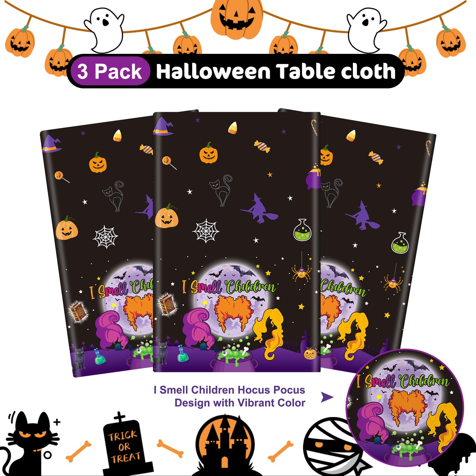 3 Pack Halloween Hocus Pocus Tablecloth, I Smell Children Halloween Table Cloth Witch Disposable Rectangular Platstic Table Covers for Halloween Party Decorations Table Decor Supplies, 108 x 54 Inch