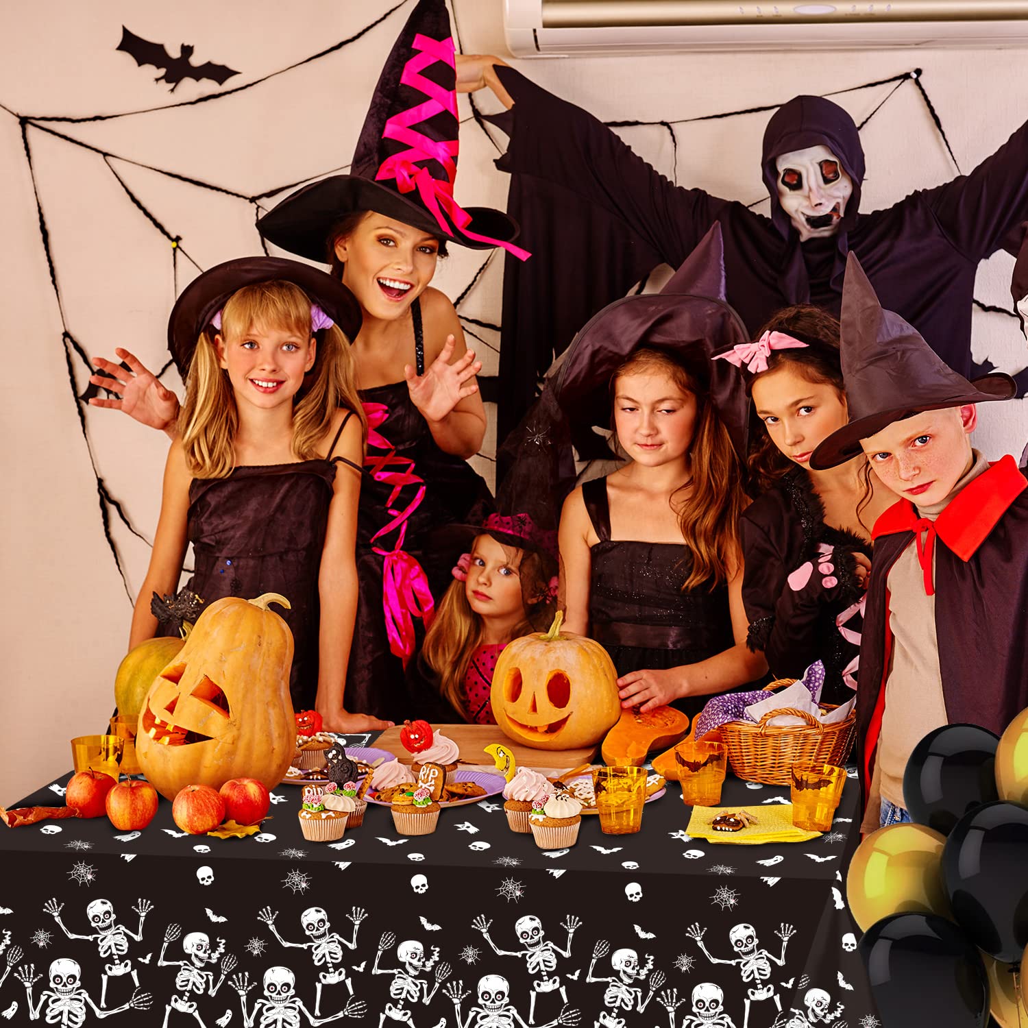 3 Pack Halloween Skeleton Tablecloth, Halloween Tablecloth Party Decorations, Plastic Skull Tablecover Backdrop Background Banner for Halloween Haunted House Party Decoration and Supplies, 54 x108Inch
