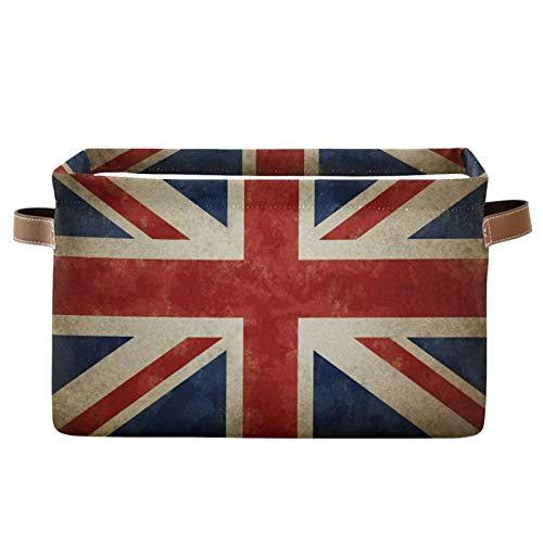 AUUXVA Vintage UK England Flag Union Jack Storage Basket Large Foldable Storage Organizer Cubes Bins with Leather Handles Sturdy Collapsible Boxes for Shelf Cloth Toy Closet-2 Pack