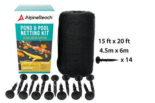 AlpineReach Koi Pond Netting Kit 15 x 20 ft Black Heavy Duty Woven Fine Mesh Net Cover for Leaves - Protects Koi Fish from Blue Heron Birds, Cats & Predators β Reusable & Stakes Included