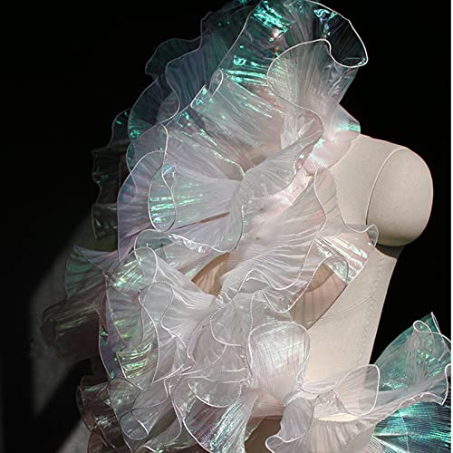 5 Yards Retro Ruffle Pleated Chiffon Trim Dress Bag Decoration Tulle Fabric Applique Trimming Craft Sewing (Iridescent White)