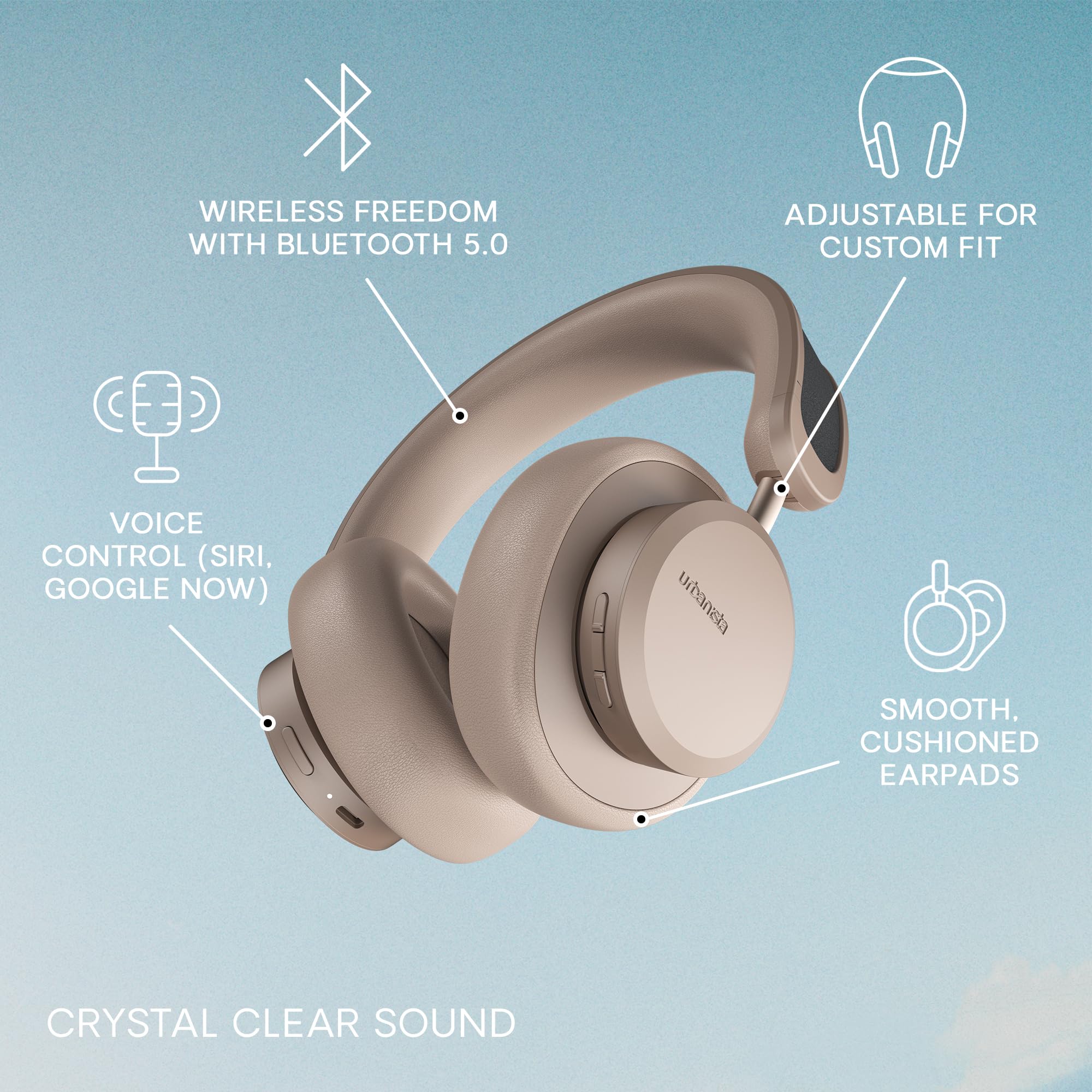 Urbanista Solar Powered Active Noise Cancelling Headphones with Infinite Playtime, Powerfoyle Self Charging Wireless Over Ear Bluetooth 5.0 Earphones, On Ear Detection, Los Angeles, Sand Gold
