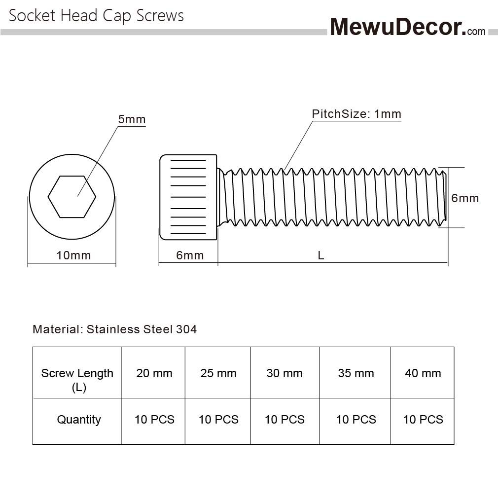 50 PCS Socket Head Cap Screw Assortment Set, M6 x 20mm, 25mm, 30mm, 35mm, and 40mm, Stainless Steel 304, Bright Finish