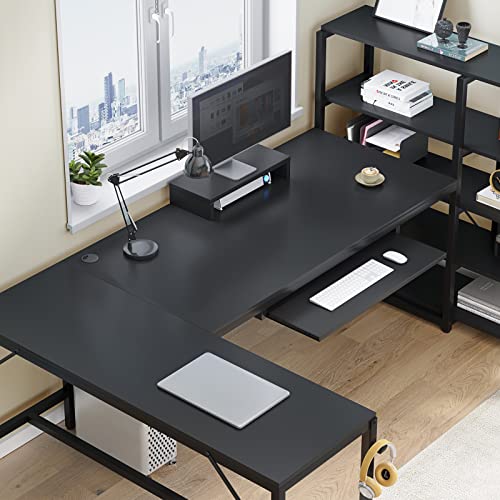 SEDETA L Shaped Computer Desk, 63'' Corner Gaming Desk, Computer Desk with Storage Shelves, Keyboard Tray, Monitor Stand and Headphone Hook, Corner Gaming Desk with LED Lights, Black