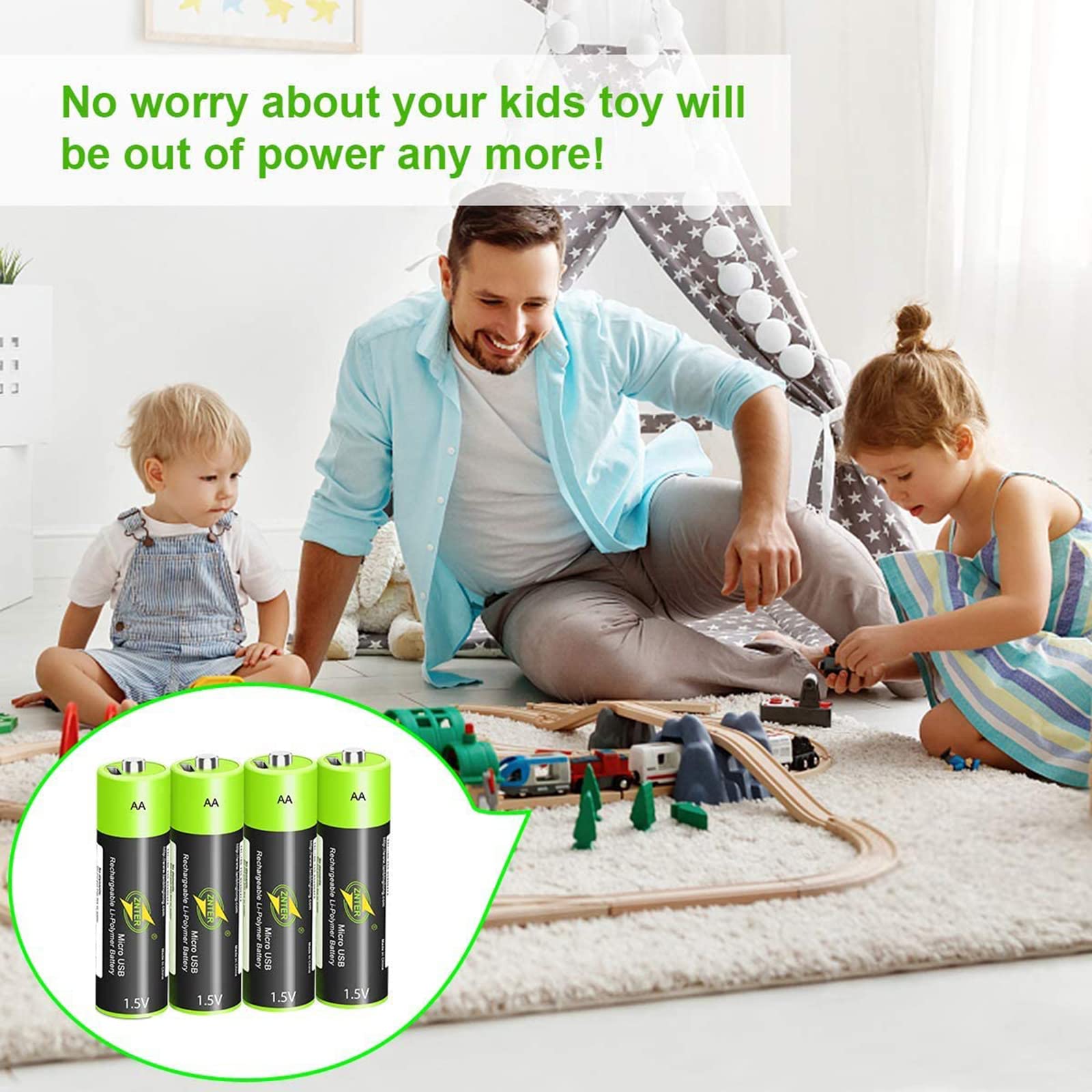 AA Batteries - USB Rechargeable Double A Lithium Batteries - Li-ion Battery Cell - 1.5V / 1700mAH (4-Pack) - Not NI-MH/NI-CD/Alkaline Batteries - ECO-Friendly and Recyclable - No Memory Effect(Green)