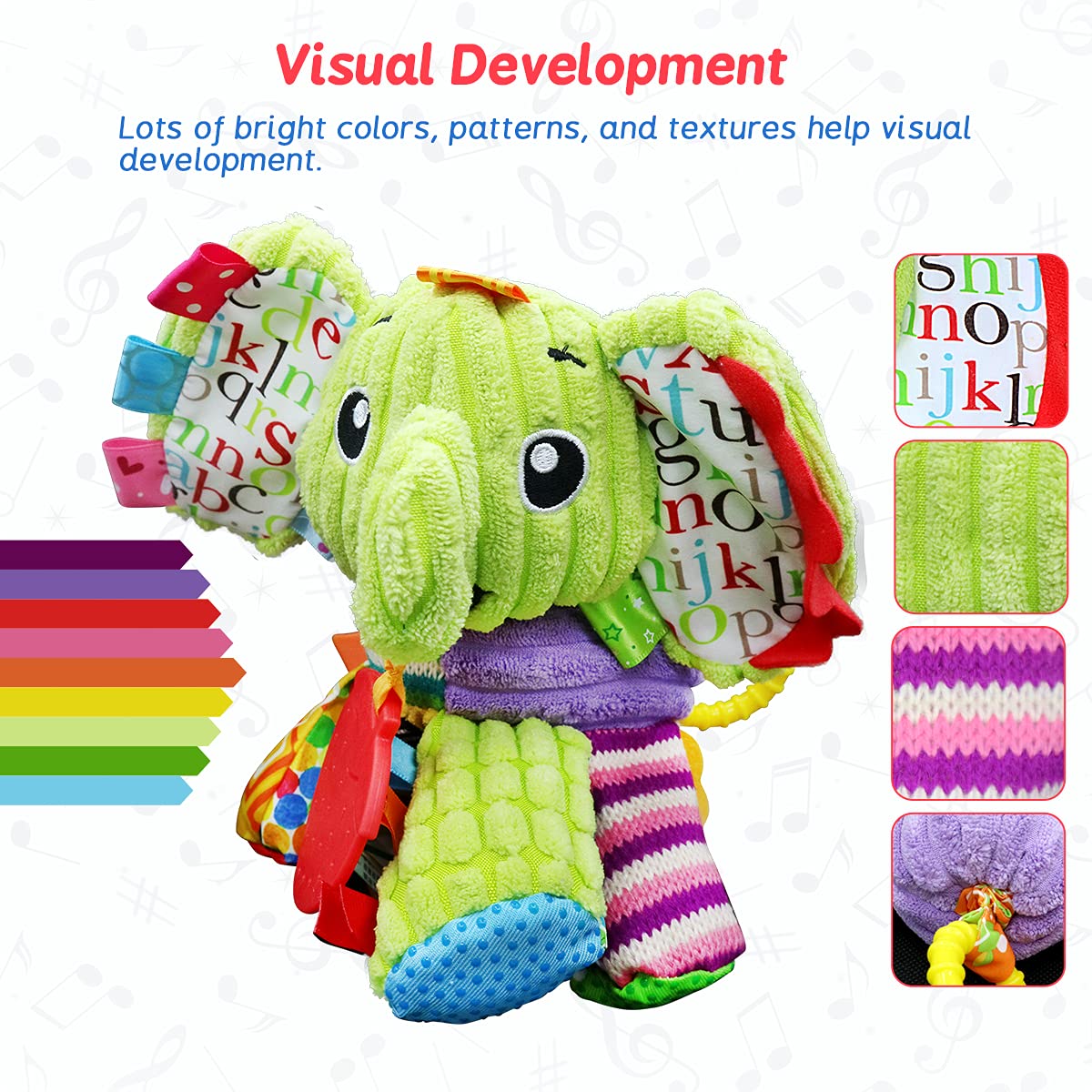 Car Seat Toys Baby Toy Infant Toy with Musical Box Stroller Toys Crib Toy Development Toy with Rattles Crinkle Teether Magic Mirror, Stroller Clip-On Carseat Cot Crib Bed Hanging Toy - Elephant