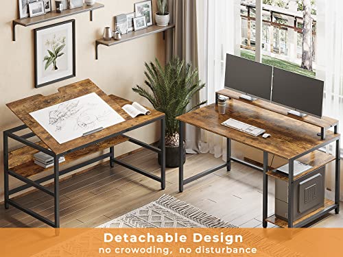 SEDETA L Shaped Desk, 68.9 inches Corner Computer Desk with Monitor Stand Riser, Drafting Drawing Table with Tiltable Desktop, Workstation Study Writing Table Art Desk for Home Office, Rustic Brown