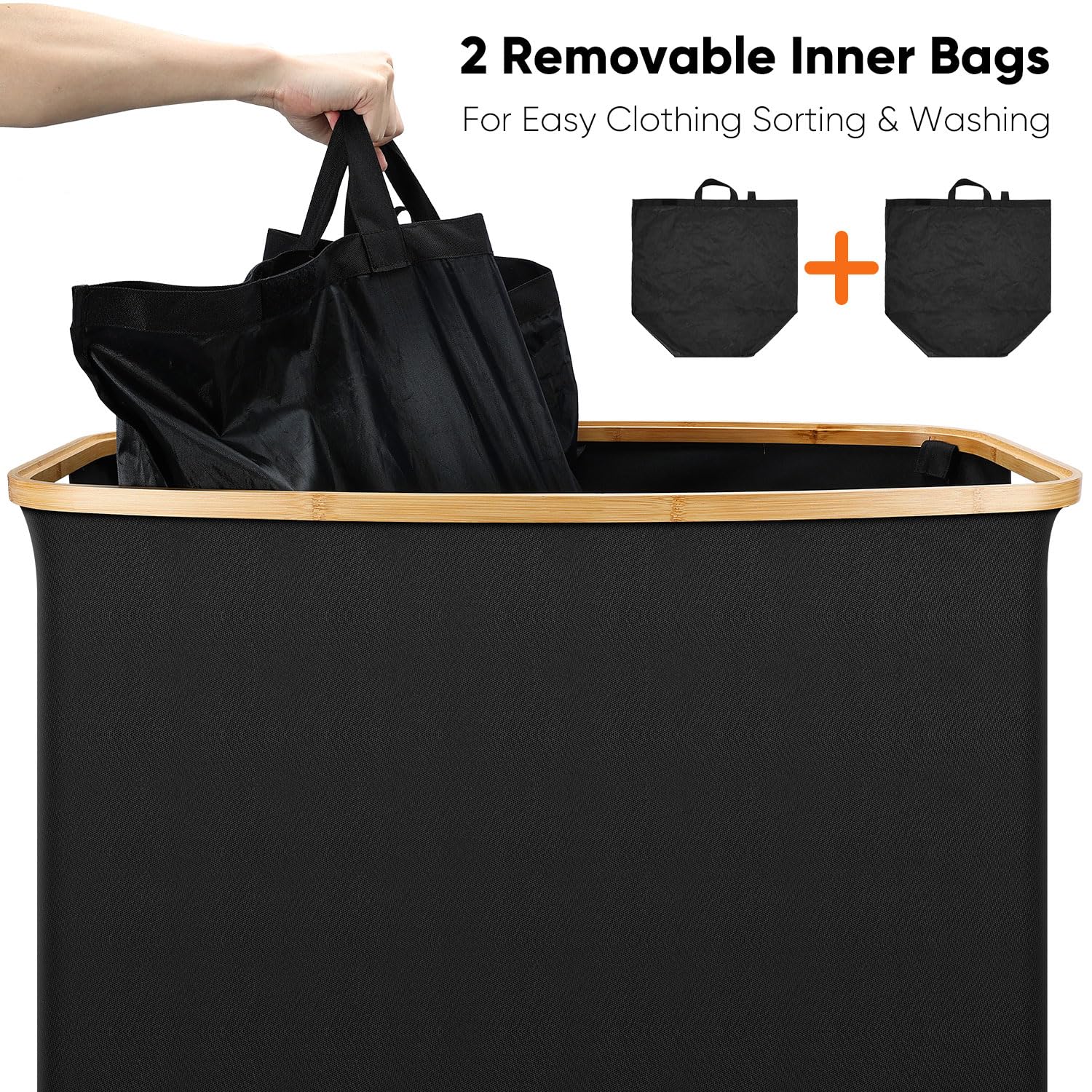 215L Double Laundry Hamper with Lid, Laundry Basket with Removable Laundry Bags, Collapsible 2 Section Dirty Clothes Basket with Bamboo Handles, Perfect for Bedroom, Bathroom, Laundry Room - Black