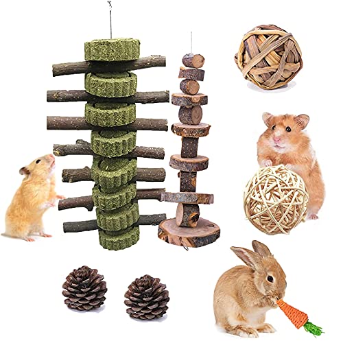 Fansisco Rabbit Chew Toys, Natural Apple Wood and Drying Grass Cake and Activity Balls for Rabbits, Chinchillas, Guinea Pigs, Hamsters Chewing Playing Improve Dental Health (style1)