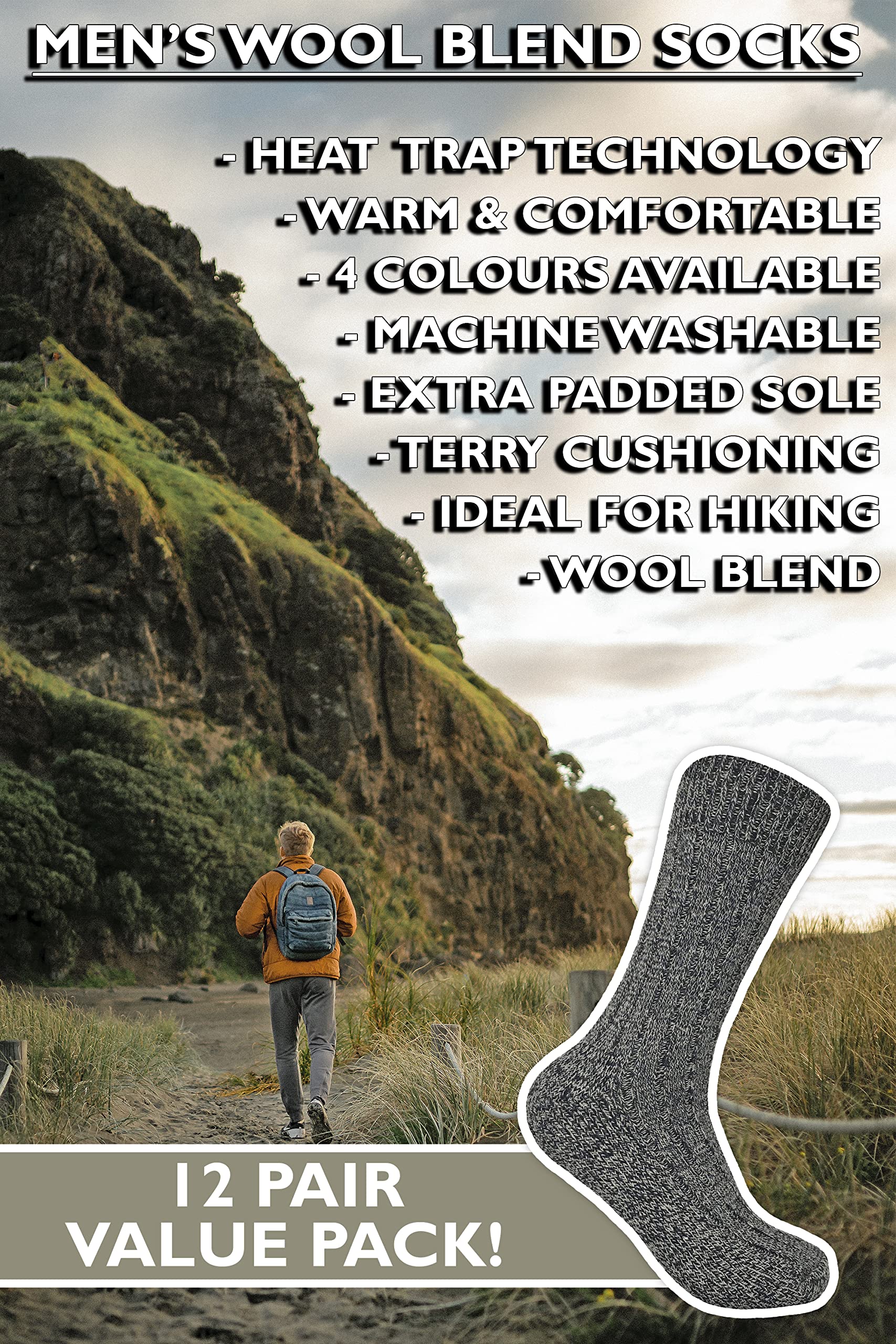 12 Pairs Mens Wool Boot Socks | Sock Snob | Breathable Warm Hiking Socks (7-12, Black)