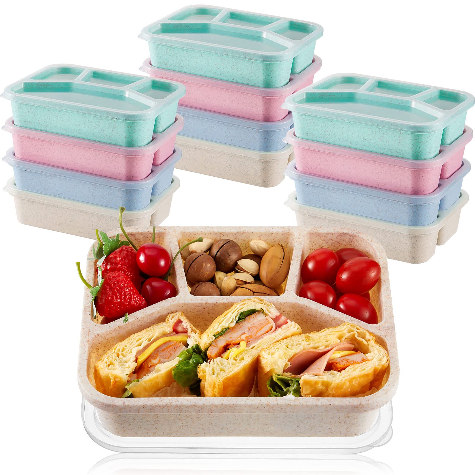 12 Pack Kids Bento Lunch Boxes 4 Compartment Reusable Plastic Meal Prep Containers Divided Food Storage Containers for School Work Travel Lunch Accessory Not Leakproof, 4 Colors