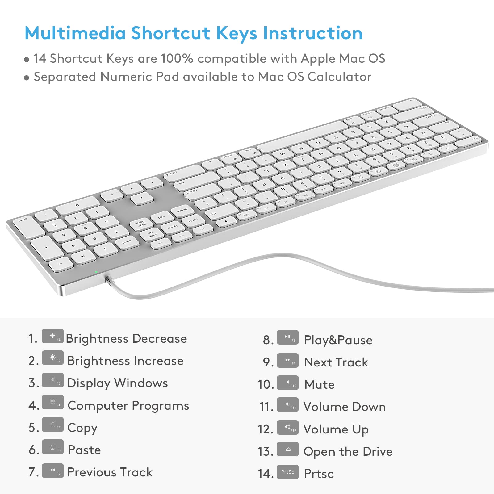 All-Aluminum Wired Keyboard for Apple Mac OS,Plug-n-Play Cable Connection in USB-A+C Port,Full Size USB Keyboard with Numeric Keypad for iMac/Mac Mini or MacBook Pro/Air Laptop