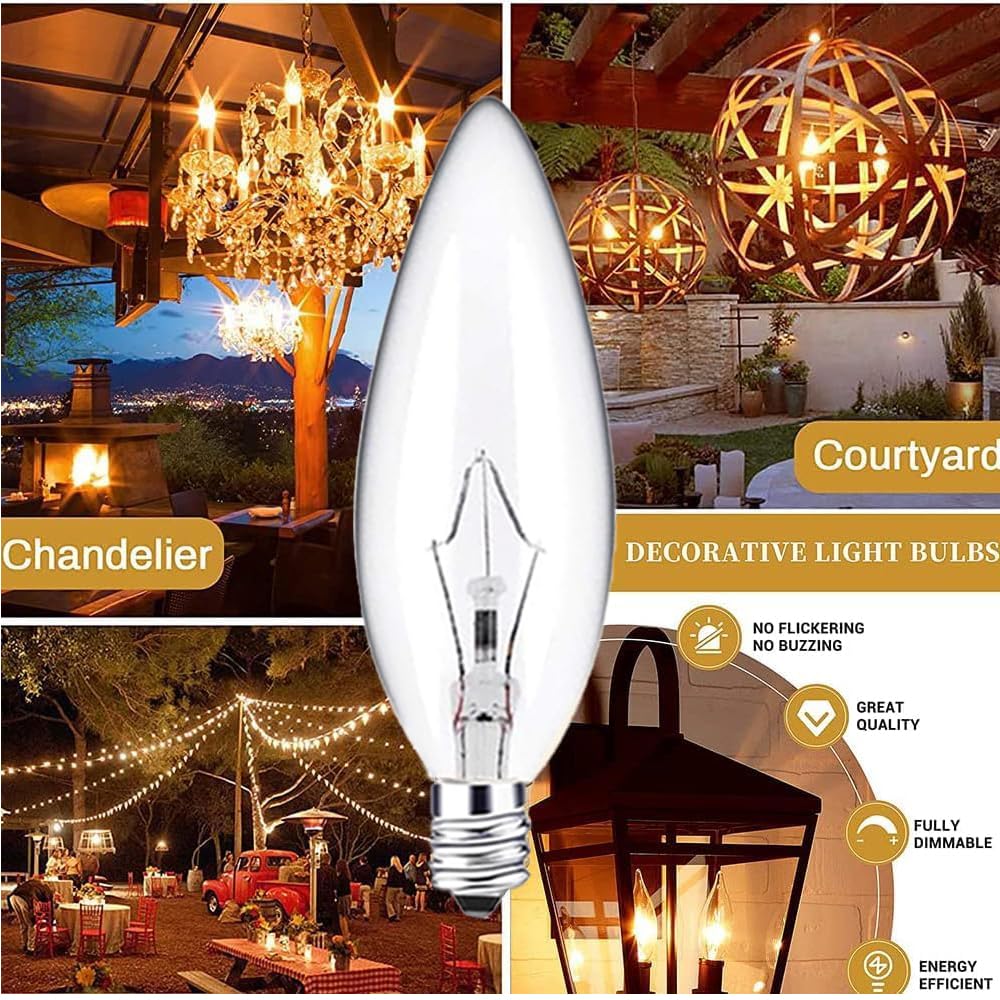 12-Pack E12 Candle Light Bulbs,40 Watt Clear Candelabra Base (E12) 110V_120V,Flame Shaped Incandescent Chandelier Light Bulbs,Dimmable, Warm White