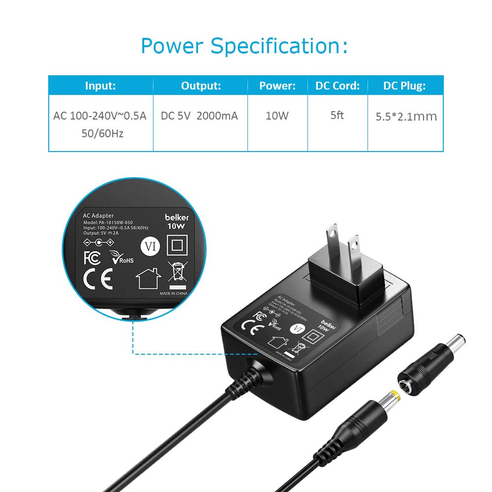 Belker 5V 2A 1.5A 1A AC Adapter Wall Charger Power Adapter Supply for TV Box Tablet Router More 5V Devices