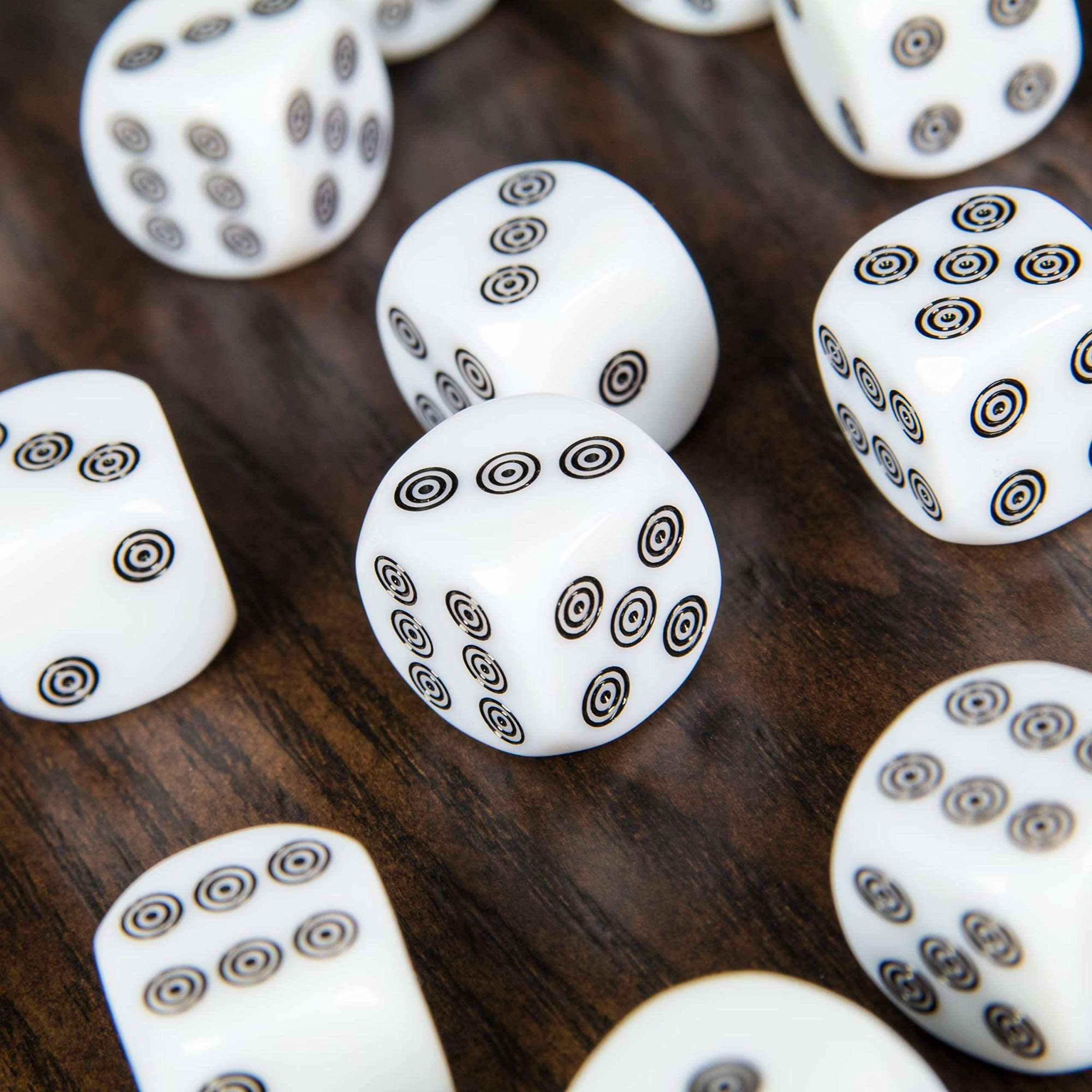 50-Pack of Bullseye Dice - 16mm Six Sided Dice with Unique Target Pips - Classic Dice for Games Like Farkle, Liar's Dice, Bunco, Balut, 10000, Craps, and More
