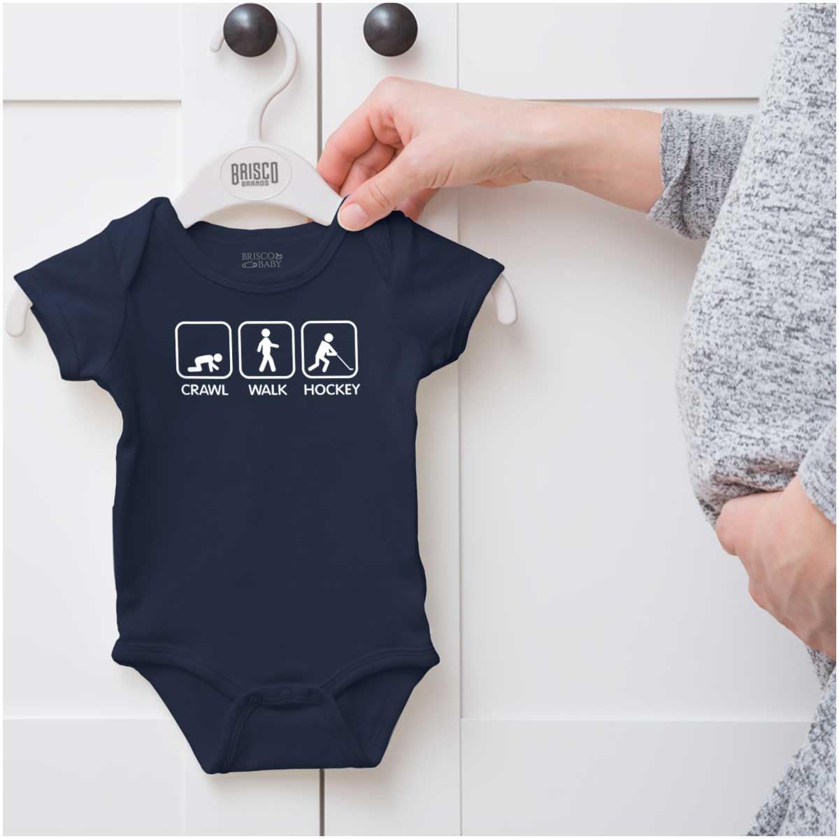 Brisco Brands Crawl Walk Hockey Street Sign Humor Baby Romper Boys or Girls