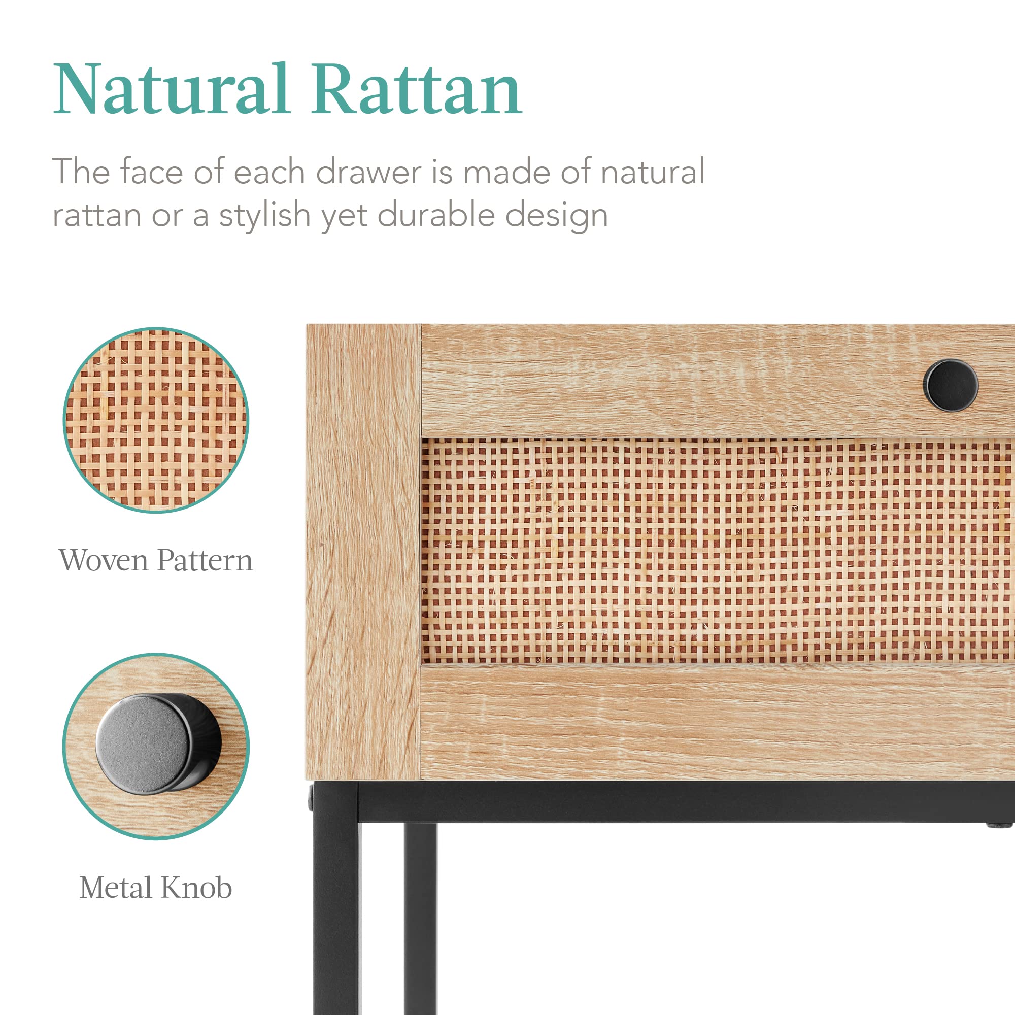 Best Choice Products 39in Rattan Coffee Table, 2-Drawer Modern Boho Home Furniture for Living Room, Bonus Room w/Wicker Storage Compartments, Oak Wood Grain Finish, Metal Frame & Knobs - Light Walnut