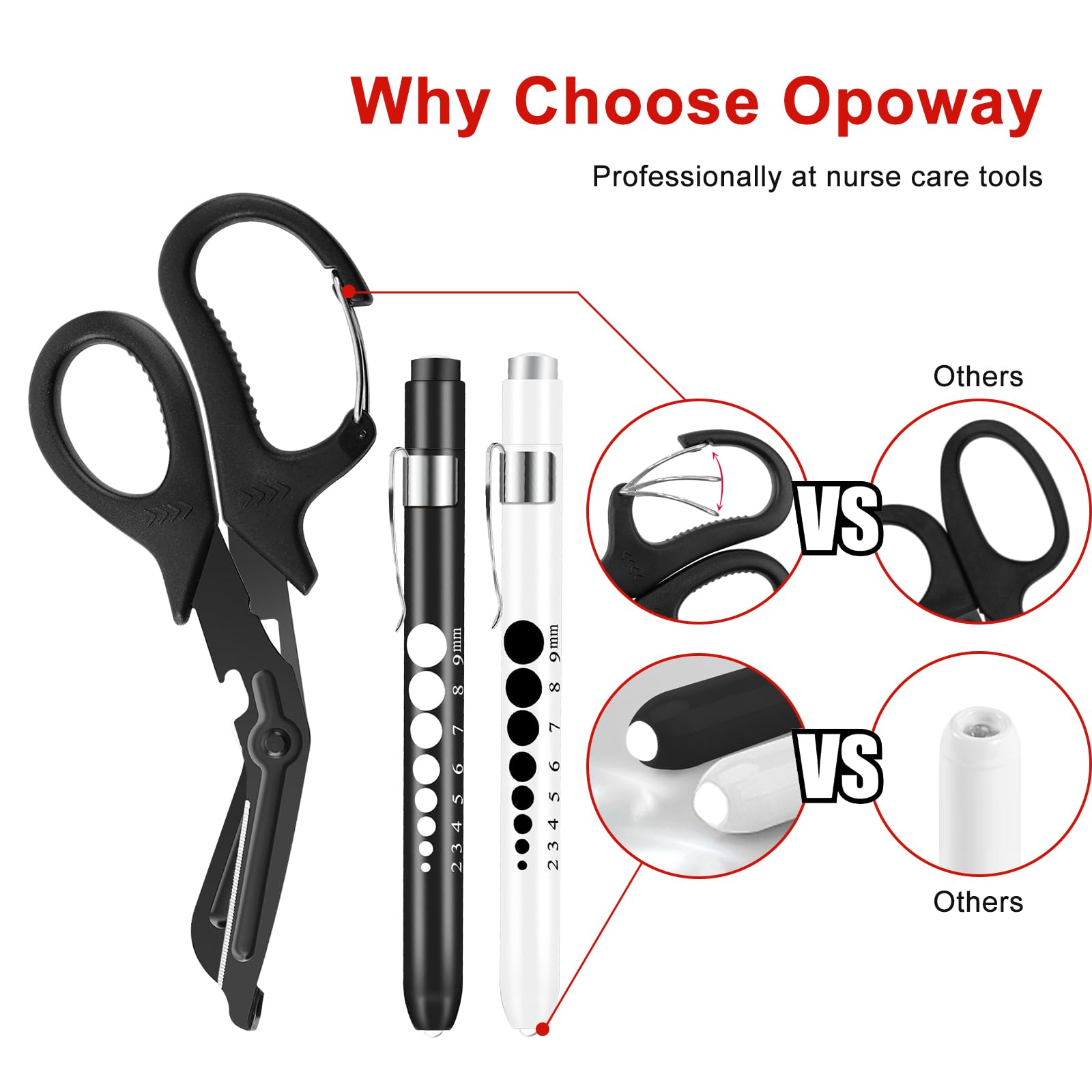 3 Pack Penlight and Medical Scissors for Nurses, Two LED Pen Light with Pupil Gauge and One 7.5 Inches Trauma Shears with Carabiner for Nurse Doctor EMT First Aid (Including Four Batteries)