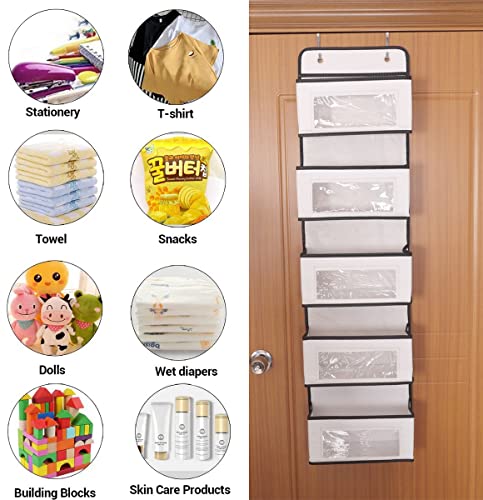 5-Shelf Over Door Hanging Organizer Storage,5 Large Pockets with Clear Windows,2 Metal Rings for Large Hanging Weight for Nursery, Diapers, Closet,Room,Dorm(White)