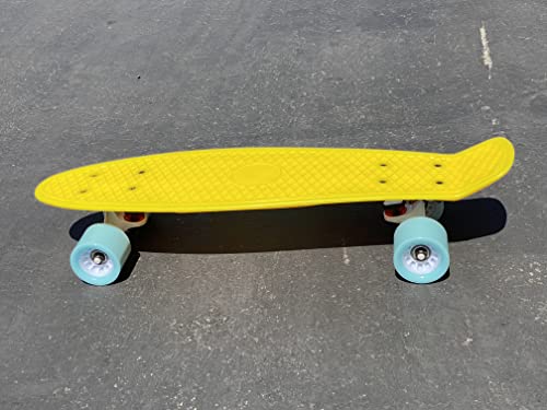 Yellow Skateboard with Blue Wheels Cruiser Board 22" Complete Board for Adult and Beginners AZM