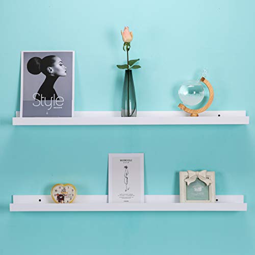 AZSKY 48 Inch Long Floating Bookshelves White Set of 2 Wall Picture Shelf Pine Floating Shelves Photo Frames Narrow Picture Ledge Mounting Hardware Included