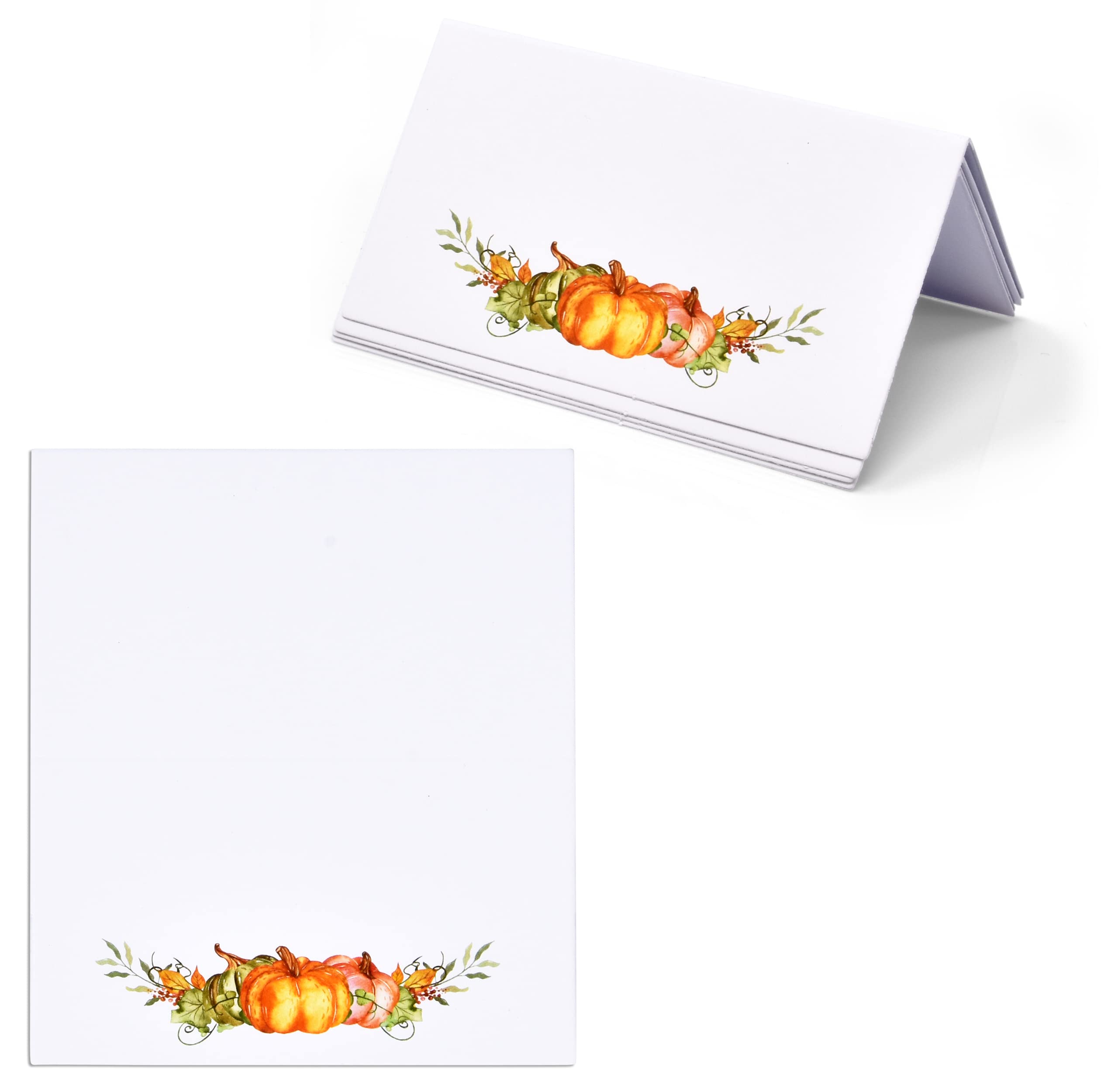 100 Pack Thanksgiving Place Cards with Pumpkins and Fall Leaves Seating Harvest Name Card Table Setting Folded Paper Autumn Tent Cards for Dinner Wedding Tables Placement Party Decorations 2" x 3.5"