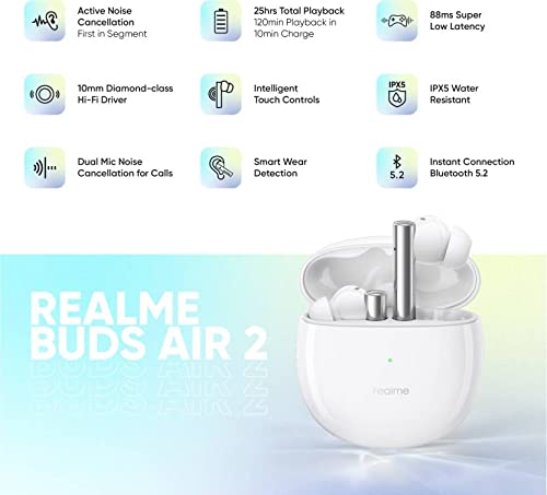 realme Active Noise Cancelling Wireless Earbuds, Buds Air 2 Hybrid ANC in Ear Headphones, Bluetooth 5.2 IPX5 Stereo Earphones, 10mm Hi-Fi Bass Boost Driver, USB C, Smart Touch Control, White