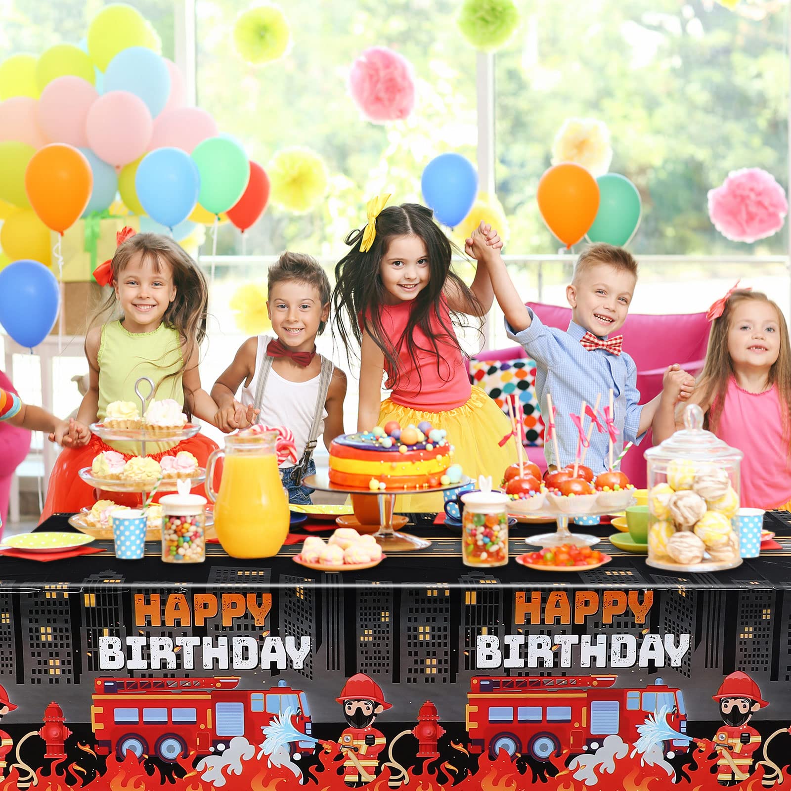 3 Pack Plastic Fire Truck Tablecloths Firefighter Party Tablecloth Fireman Happy Birthday Table Cover Fire Truck Birthday Party Supplies for Firefighting Theme Party School Activity, 54 x 108 Inch