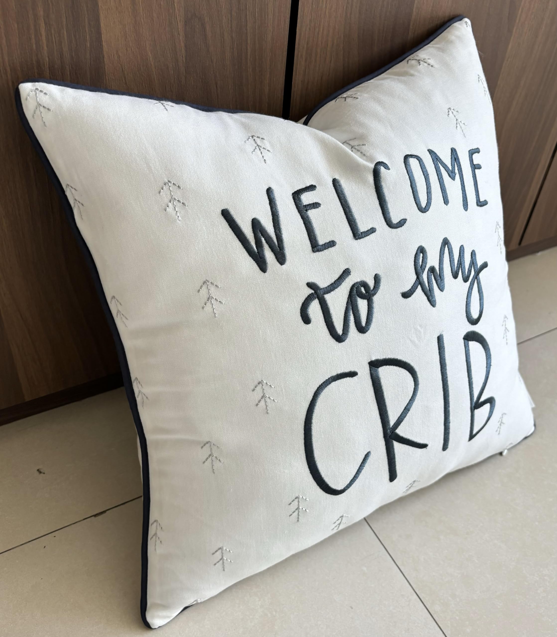 VAGMINE Welcome to My Crib Quote Embroidered Decorative Square Accent Throw Pillowcase - Nursery Decor, Boys Room Decor - 18x18 Inches, Ivory