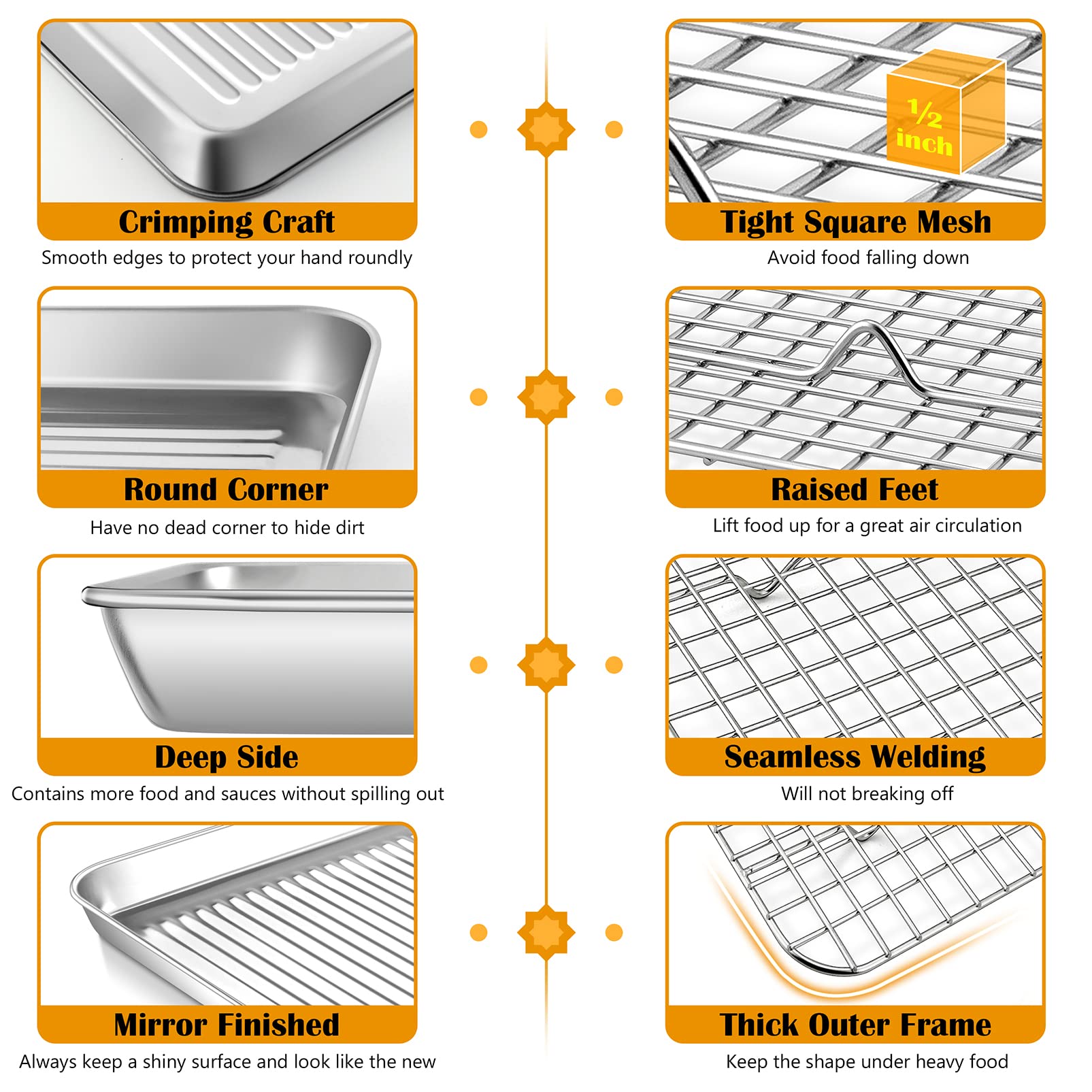 17.5 Inch Half Baking Cookie Sheet with Rack, P&P CHEF Stainless Steel Baking Pan Oven Tray and Cooling Rack for Cooking, Corrugated Bottom & Grid Rack, Healthy & Durable, 2Pcs (1 Pan +1 Rack)