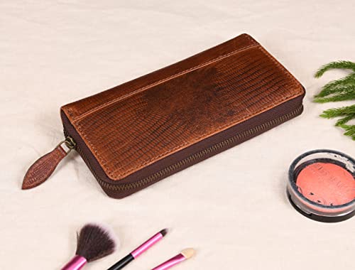 Aaron Leather Goods Women's RFID Blocking Large Capacity Leather Wallet Zip Around Phone Clutch Large Travel Purse Wristlet (Walnut)