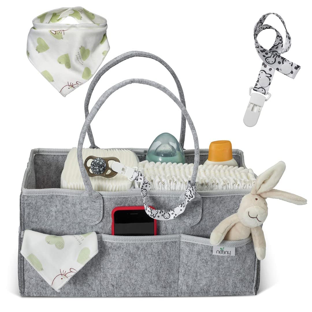 NEENY Baby Diaper Caddy Organizer β Portable Changing Table Storage Basket β Soft Felt Grey Nappy Bag Adjustable Compartments β Wipes Bottle Nursing Home & Car Travel β FREE Cotton Bib & Pacifier Clip