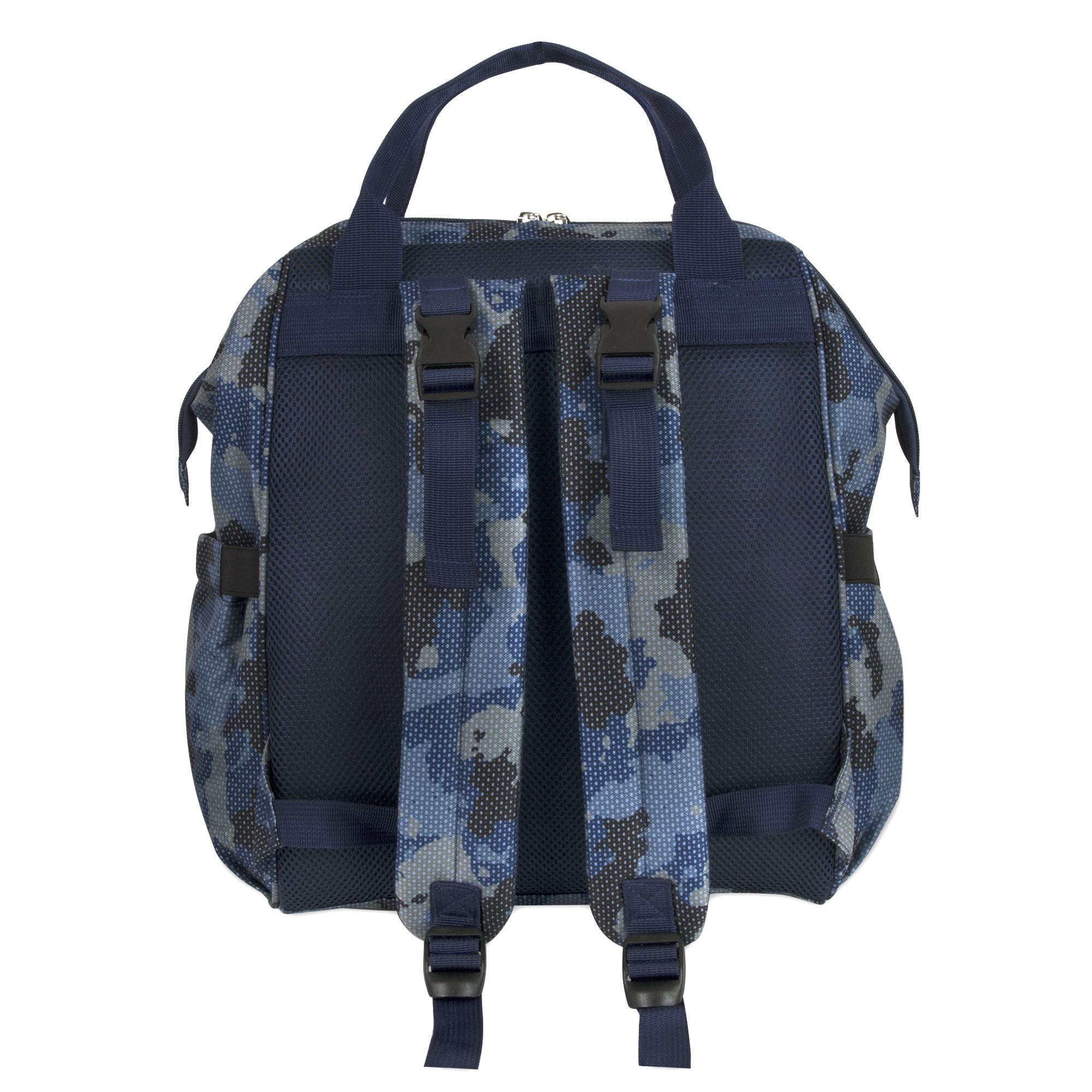 Wide Open Frame Diaper Bag Backpack and Nappy Travel Bag Tote with Changing Pad, Stroller Straps (Blue Camo)