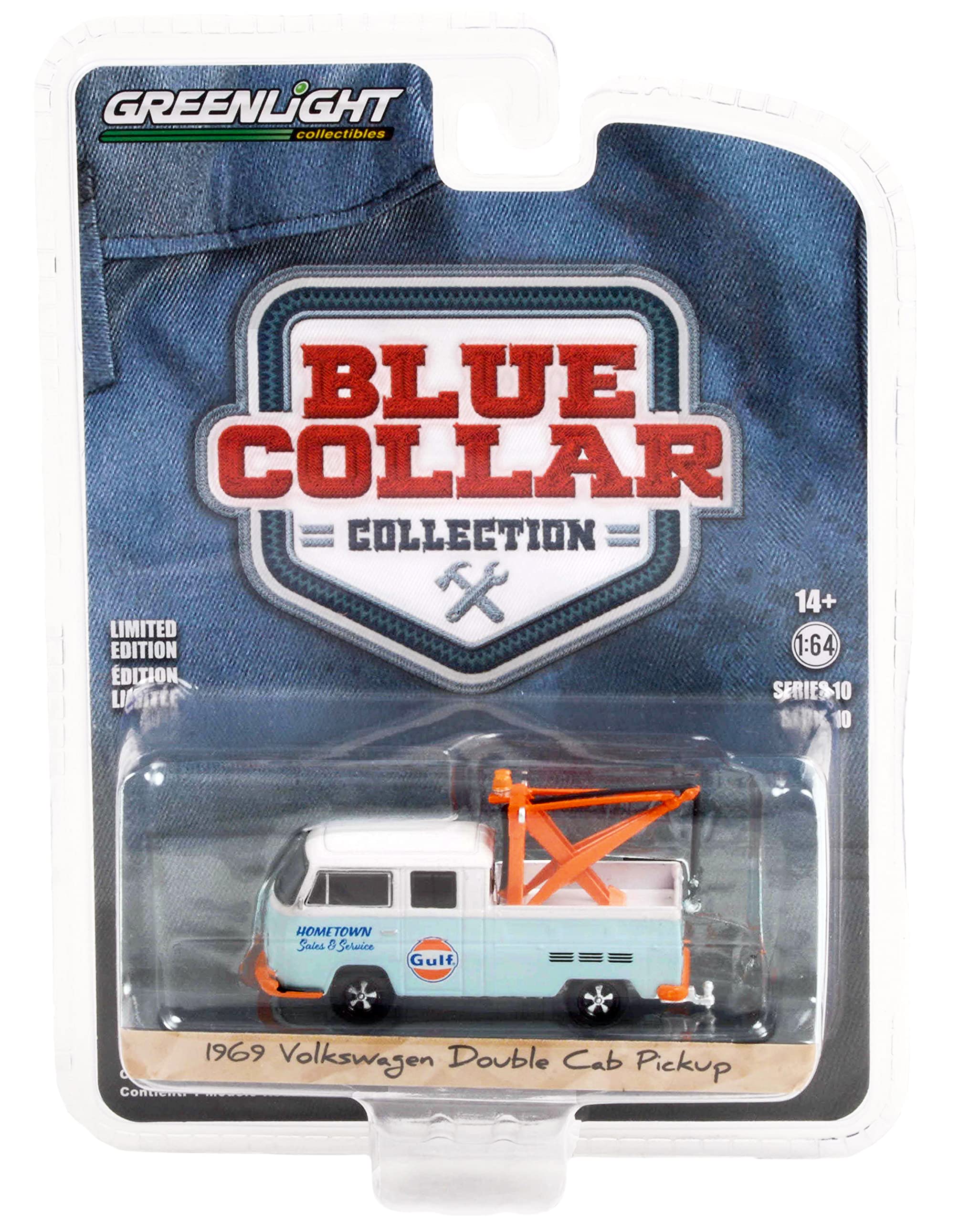 1969 Double Cab Pickup Tow Truck w/Drop in Tow Hook Light Blue & White Gulf Oil Sales & Service 1/64 Diecast Model Car by Greenlight 35220 B