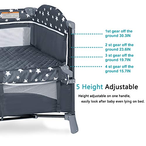 Heyo.Ja Portable Baby Playard, 4 in 1 Pack and Play, Baby Bedside Sleeper with Bassinet, Changing Table, Foldable Bassinet Bed with Luxury Mosquito Net for Boys Girls Infant(Gray)