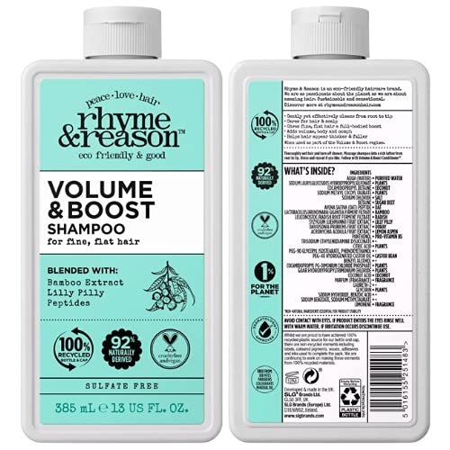 RR Hair Rhyme & Reason Volume and Boost Shampoo and Conditioner SET. 13 Fl Oz. Bottles. Blended with Bamboo Extract, Lilly Pilly, & Peptides. Adds Volume and Body.