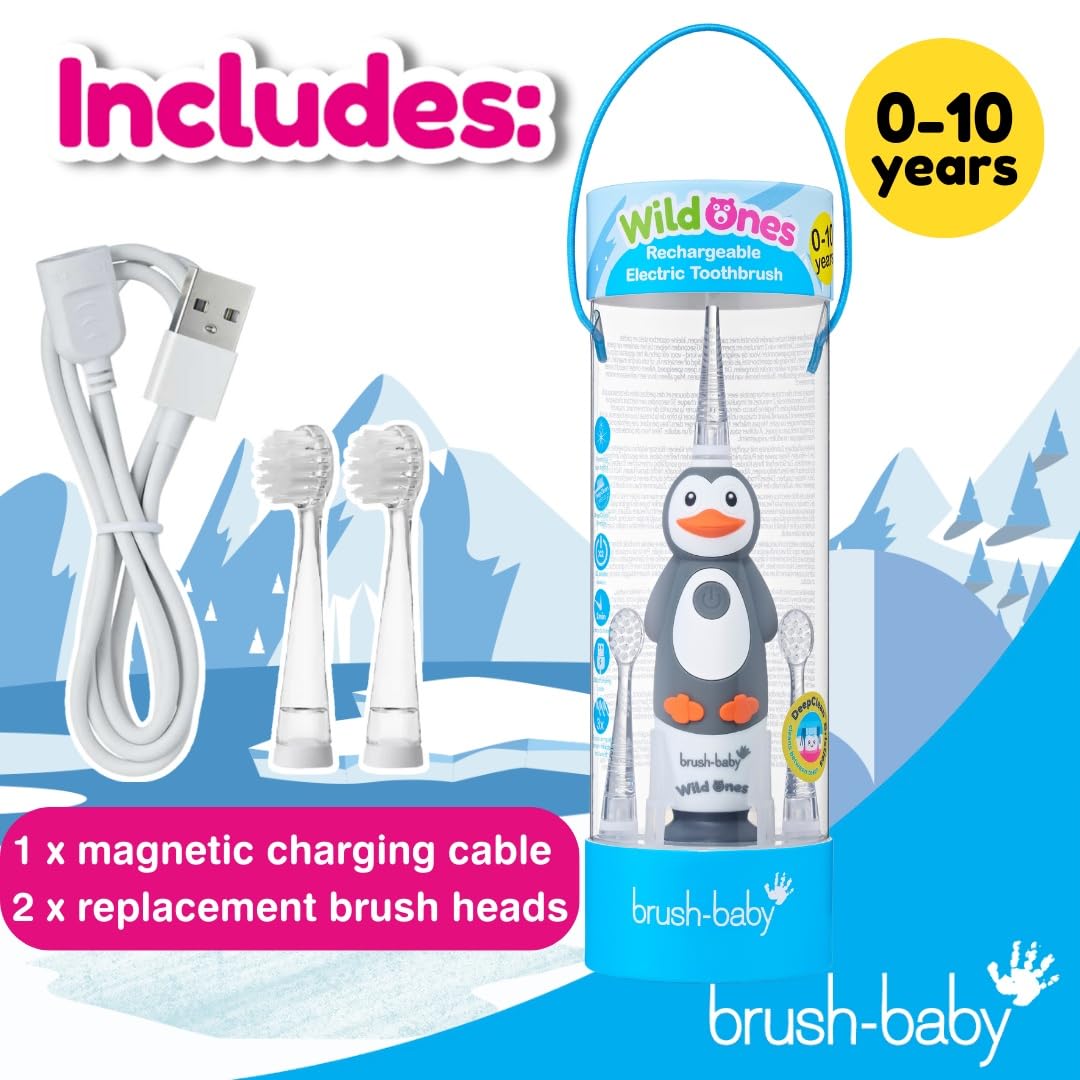 brush-baby WildOnes Kids Electric Rechargeable Toothbrush Penguin, 1 Handle, 3 Brush Heads, USB Charging Cable, for Ages 0-10 (Penguin)
