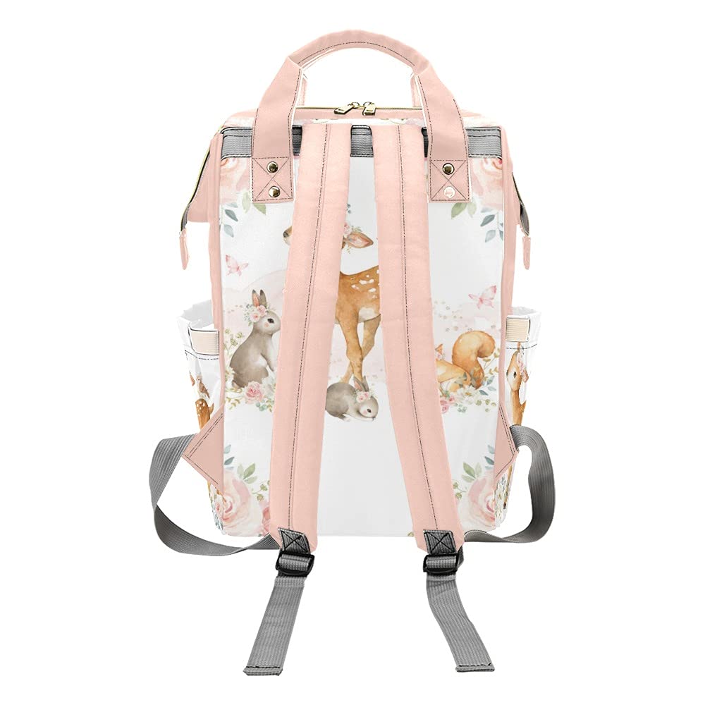 Yeshop Deer Bunny Floral Pink Woodland Multi-Function Personalized Diaper Bag Backpack Tote with Name,Custom Travel Nappy Mommy for Baby Girl Boy Gift, 10.83 inches * 6.69 inches* 15