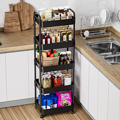 5-Tier Rolling Cart, Multipurpose Utility Cart, Rolling Carts with Lockable Wheels, Storage Cart Craft Cart Organizer for Bathroom Laundry Kitchen,Used as Book Art Snack lash Makeup Diaper cart,Black