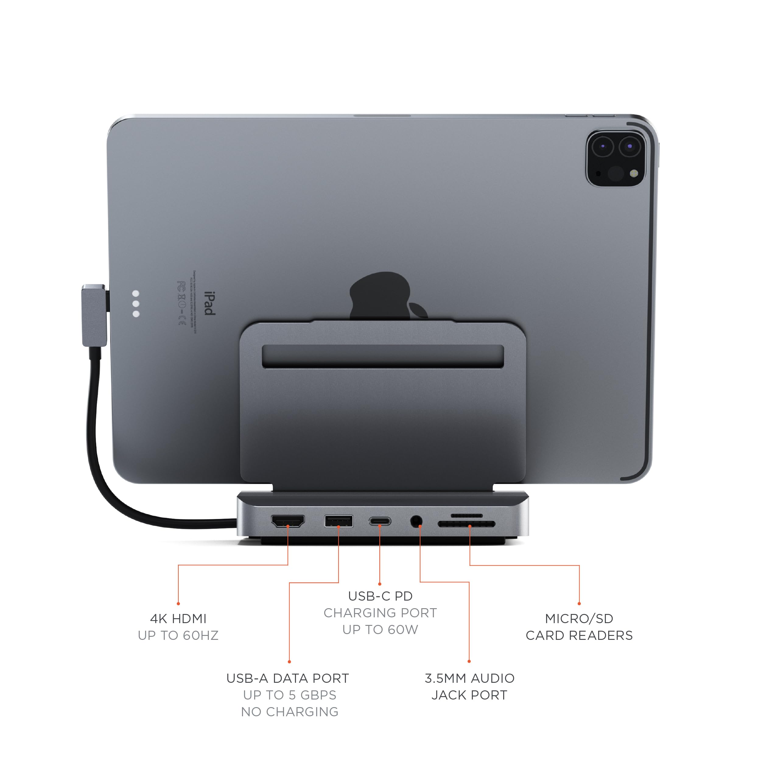 Satechi USB C Hub - iPad Pro USB C Hub - Aluminum Stand & Hub β 6-in-1 iPad Dock Foldable Stand β iPad Docking Station- iPad Hub for M2, M1 iPad Pro/iPad Air, iPad Mini 6 Gen