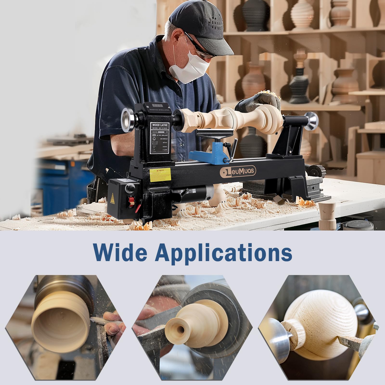 12"X18" Wood Lathe Machine Infinitely Variable Speed 3/4HP Benchtop Wood Lathe 650-3800 RPM With Digital Speed Indicator Solid Heavy Cast Iron Lathe Machine