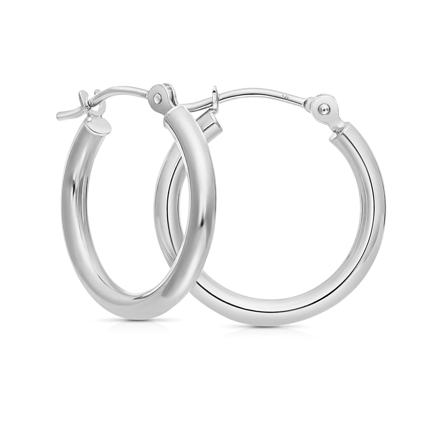 14k White Gold Polished Real Gold Hoop Earrings, Plain Round Gold Hoops, 14 Karat Real Gold 13mm (0.5 inch)