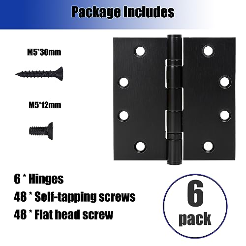 6-Pack 4.5 X 4.5" inch Black Heavy Duty Commercial Door Hinge Thickened, Silent Plain Steel Ball Bearing Door Hinges, Thickness 3 mm Stainless Steel Square Corners with 48 Screws