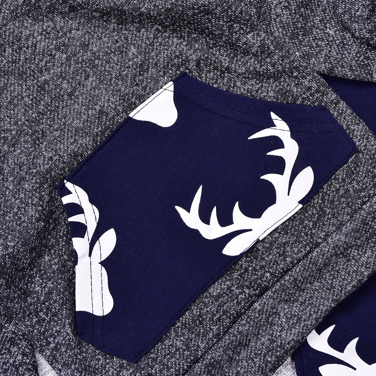 2PCs Baby Deer Print Hoodies with Pocket Top + Striped Long Pants Autumn Outfit Set (6-12M(Tag80), Grey&Dark Blue)