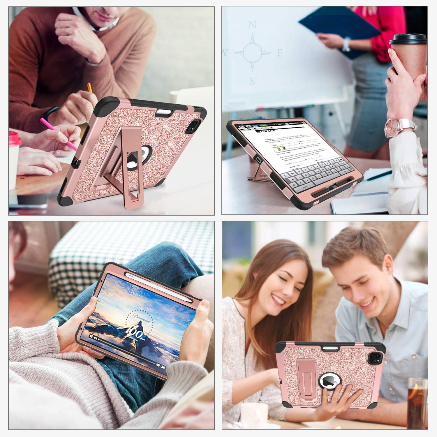 BENTOBEN iPad Air 5th/4th Generation Case, iPad Pro 11 Case, Glitter Sparkly 3 Layer Heavy Duty Shockproof Kickstand Faux Leather with Pencil Holder Protective Tablet Case Cover, Rose Gold